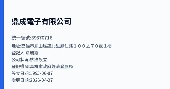 鼎成電子有限公司的照片-統編 89370716(高雄市) 公司登記資料與營業項目詳細圖表
