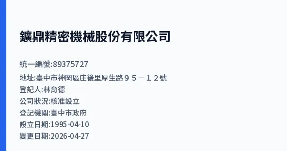 鑛鼎精密機械股份有限公司的照片-統編 89375727(臺中市) 公司登記資料與營業項目詳細圖表