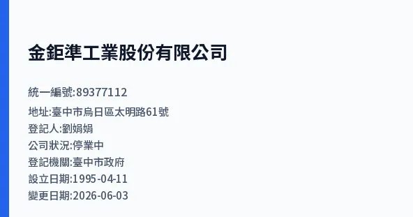 金鉅準工業股份有限公司的照片-統編 89377112(臺中市) 公司登記資料與營業項目詳細圖表