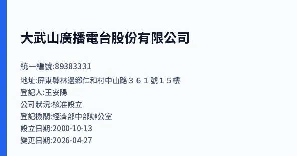 大武山廣播電台股份有限公司的照片-統編 89383331(屏東縣) 公司登記資料與營業項目詳細圖表