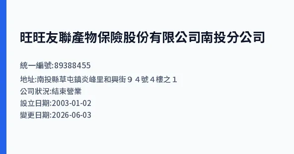 旺旺友聯產物保險股份有限公司南投分公司的照片-統編 89388455(南投縣) 公司登記資料與營業項目詳細圖表