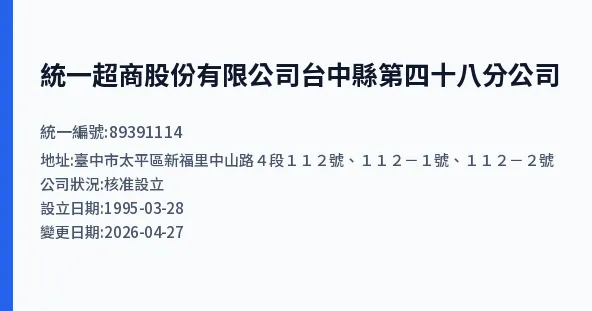 統一超商股份有限公司台中縣第四十八分公司的照片-統編 89391114(臺中市) 公司登記資料與營業項目詳細圖表