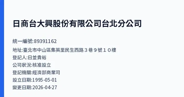 日商台大興股份有限公司台北分公司的照片-統編 89391162(臺北市) 公司登記資料與營業項目詳細圖表