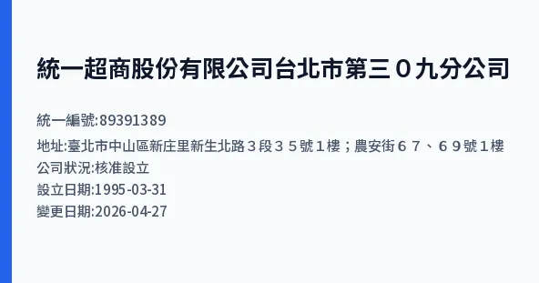 統一超商股份有限公司台北市第三0九分公司的照片-統編 89391389(臺北市) 公司登記資料與營業項目詳細圖表