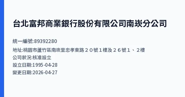 台北富邦商業銀行股份有限公司南崁分公司的照片-統編 89392280(桃園市) 公司登記資料與營業項目詳細圖表