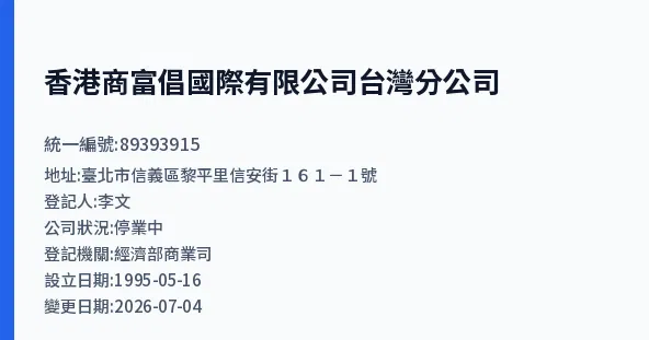 香港商富倡國際有限公司台灣分公司的照片-統編 89393915(臺北市) 公司登記資料與營業項目詳細圖表