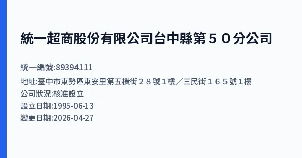 統一超商股份有限公司台中縣第50分公司的照片-統編 89394111(臺中市) 公司登記資料與營業項目詳細圖表