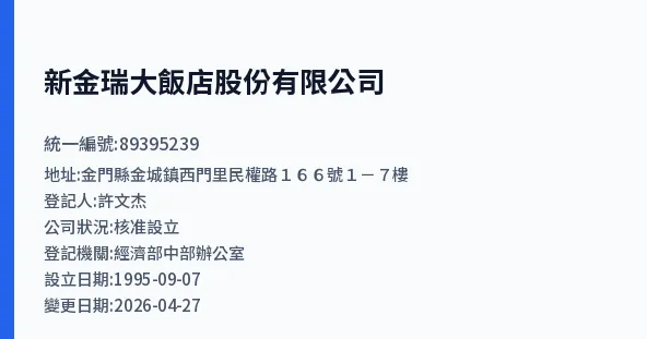 新金瑞大飯店股份有限公司的照片-統編 89395239(金門縣) 公司登記資料與營業項目詳細圖表