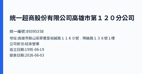 統一超商股份有限公司高雄市第120分公司的照片-統編 89395358(高雄市) 公司登記資料與營業項目詳細圖表