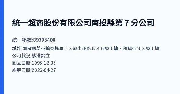 統一超商股份有限公司南投縣第7分公司的照片-統編 89395408(南投縣) 公司登記資料與營業項目詳細圖表