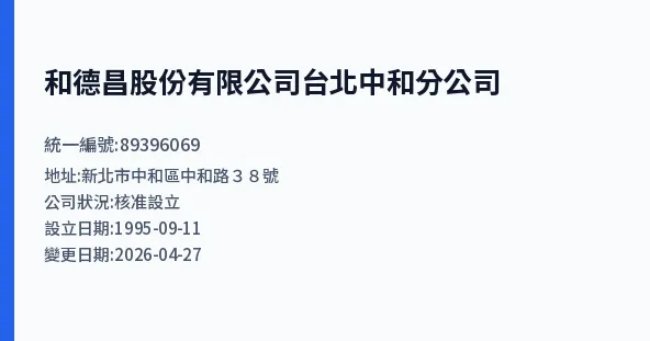和德昌股份有限公司台北中和分公司的照片-統編 89396069(新北市) 公司登記資料與營業項目詳細圖表