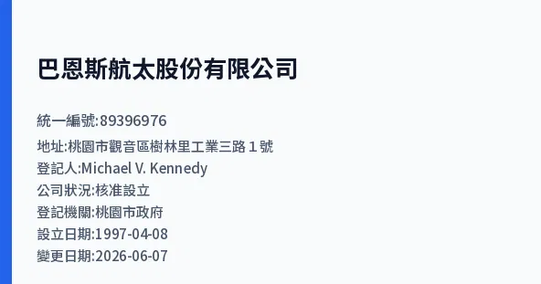 巴恩斯航太股份有限公司的照片-統編 89396976(桃園市) 公司登記資料與營業項目詳細圖表