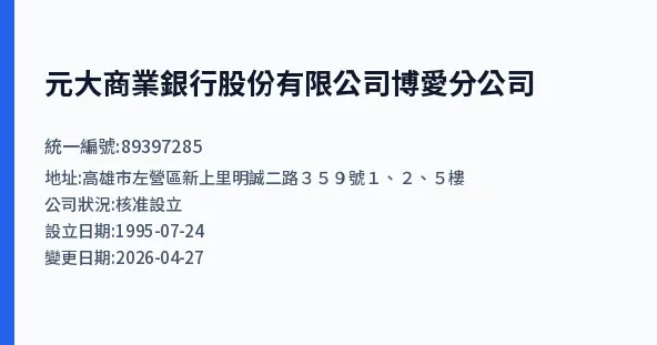 元大商業銀行股份有限公司博愛分公司的照片-統編 89397285(高雄市) 公司登記資料與營業項目詳細圖表