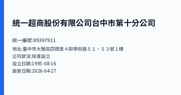 統一超商股份有限公司台中市第十分公司的照片-統編 89397911(臺中市) 公司登記資料與營業項目詳細圖表