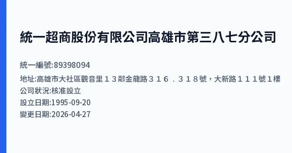 統一超商股份有限公司高雄市第三八七分公司的照片-統編 89398094(高雄市) 公司登記資料與營業項目詳細圖表