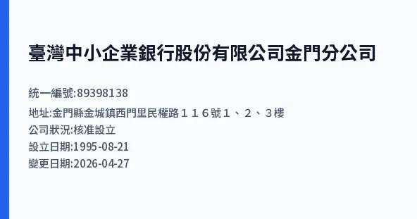 臺灣中小企業銀行股份有限公司金門分公司的照片-統編 89398138(金門縣) 公司登記資料與營業項目詳細圖表