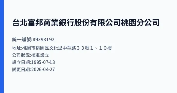 台北富邦商業銀行股份有限公司桃園分公司的照片-統編 89398192(桃園市) 公司登記資料與營業項目詳細圖表