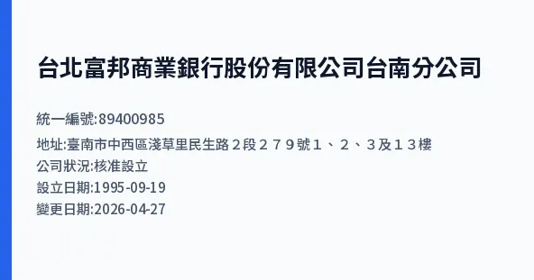 台北富邦商業銀行股份有限公司台南分公司的照片-統編 89400985(臺南市) 公司登記資料與營業項目詳細圖表