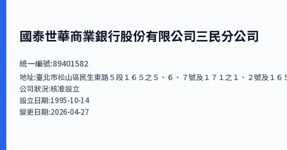 國泰世華商業銀行股份有限公司三民分公司的照片-統編 89401582(臺北市) 公司登記資料與營業項目詳細圖表