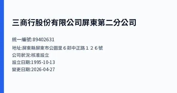 三商行股份有限公司屏東第二分公司的照片-統編 89402631(屏東縣) 公司登記資料與營業項目詳細圖表