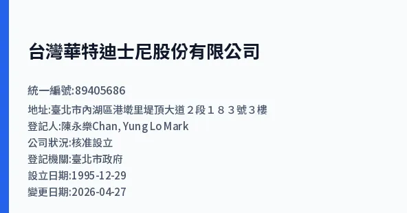 台灣華特迪士尼股份有限公司的照片-統編 89405686(臺北市) 公司登記資料與營業項目詳細圖表