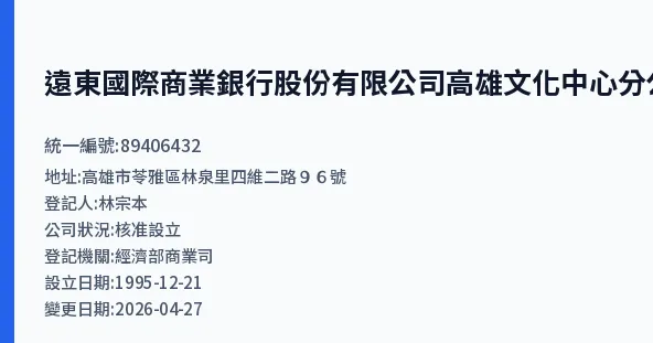 遠東國際商業銀行股份有限公司高雄文化中心分公司的照片-統編 89406432(高雄市) 公司登記資料與營業項目詳細圖表