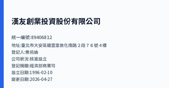 漢友創業投資股份有限公司的照片-統編 89406812(臺北市) 公司登記資料與營業項目詳細圖表