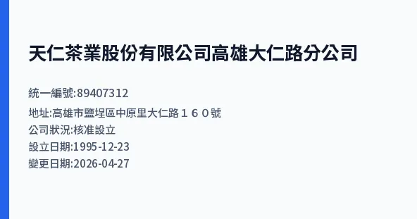 天仁茶業股份有限公司高雄大仁路分公司的照片-統編 89407312(高雄市) 公司登記資料與營業項目詳細圖表
