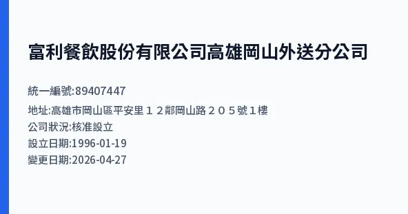 富利餐飲股份有限公司高雄岡山外送分公司的照片-統編 89407447(高雄市) 公司登記資料與營業項目詳細圖表