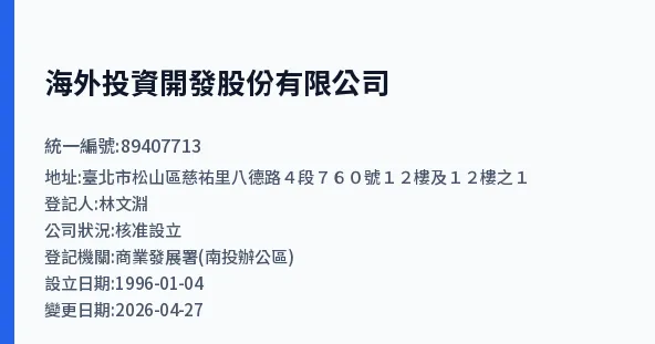 海外投資開發股份有限公司的照片-統編 89407713(臺北市) 公司登記資料與營業項目詳細圖表
