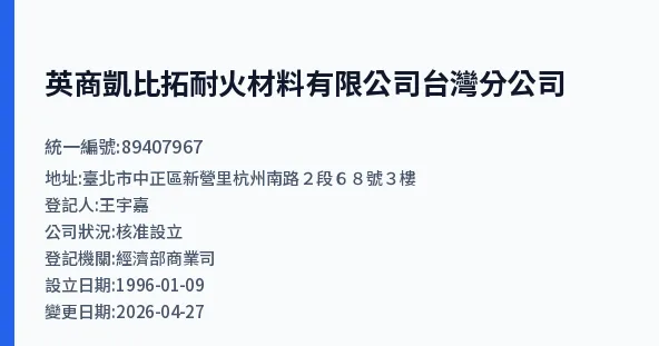 英商凱比拓耐火材料有限公司台灣分公司的照片-統編 89407967(臺北市) 公司登記資料與營業項目詳細圖表