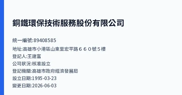 銅鐵環保技術服務股份有限公司的照片-統編 89408585(高雄市) 公司登記資料與營業項目詳細圖表
