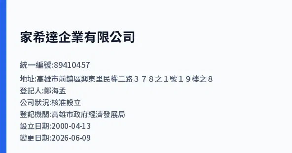 家希達企業有限公司的照片-統編 89410457(高雄市) 公司登記資料與營業項目詳細圖表