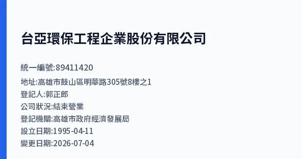 台亞環保工程企業股份有限公司的照片-統編 89411420(高雄市) 公司登記資料與營業項目詳細圖表