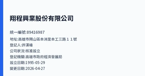 翔程興業股份有限公司的照片-統編 89416987(高雄市) 公司登記資料與營業項目詳細圖表