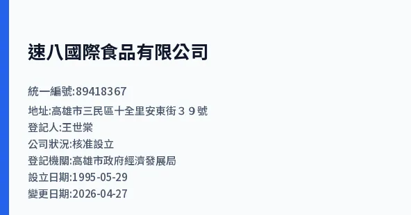 速八國際食品有限公司的照片-統編 89418367(高雄市) 公司登記資料與營業項目詳細圖表