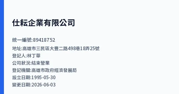 仕耘企業有限公司的照片-統編 89418752(高雄市) 公司登記資料與營業項目詳細圖表