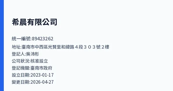 希晨有限公司的照片-統編 89423262(臺南市) 公司登記資料與營業項目詳細圖表