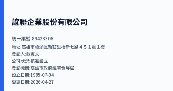 誼聯企業股份有限公司的照片-統編 89423306(高雄市) 公司登記資料與營業項目詳細圖表
