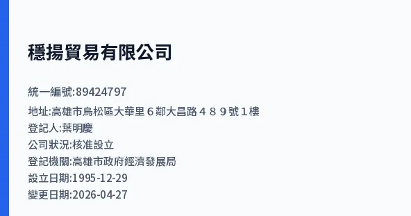 穩揚貿易有限公司的照片-統編 89424797(高雄市) 公司登記資料與營業項目詳細圖表