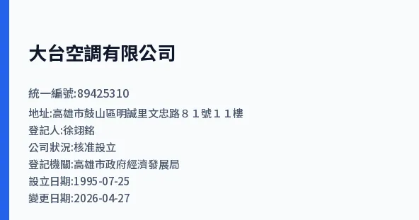 大台空調有限公司的照片-統編 89425310(高雄市) 公司登記資料與營業項目詳細圖表