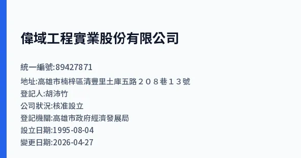 偉域工程實業股份有限公司的照片-統編 89427871(高雄市) 公司登記資料與營業項目詳細圖表