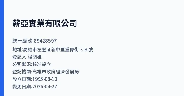 薪亞實業有限公司的照片-統編 89428597(高雄市) 公司登記資料與營業項目詳細圖表