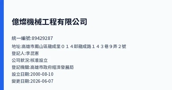 億燦機械工程有限公司的照片-統編 89429287(高雄市) 公司登記資料與營業項目詳細圖表