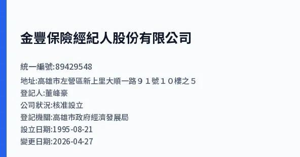 金豐保險經紀人股份有限公司的照片-統編 89429548(高雄市) 公司登記資料與營業項目詳細圖表
