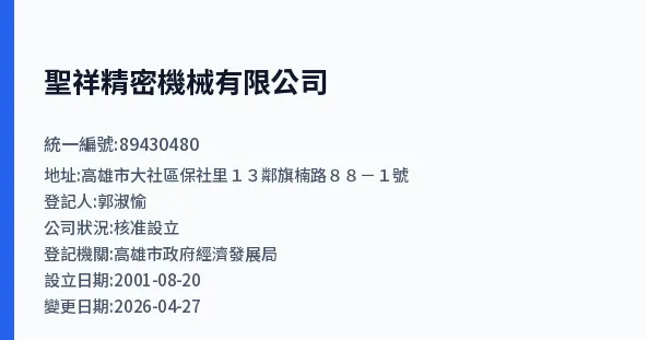 聖祥精密機械有限公司的照片-統編 89430480(高雄市) 公司登記資料與營業項目詳細圖表