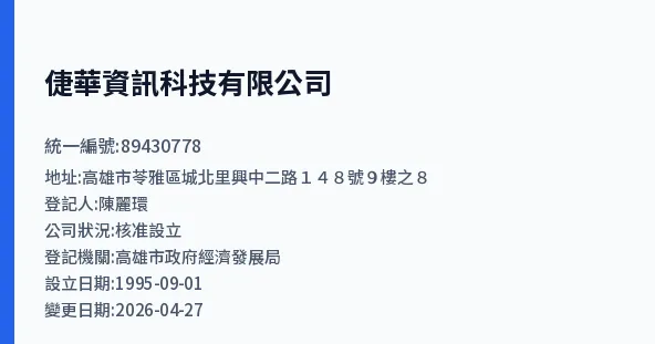 倢華資訊科技有限公司的照片-統編 89430778(高雄市) 公司登記資料與營業項目詳細圖表