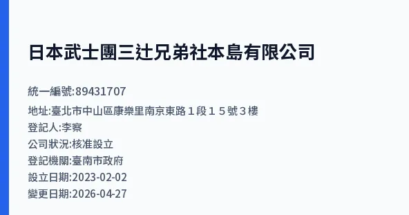 日本武士團三辻兄弟社本島有限公司的照片-統編 89431707(臺北市) 公司登記資料與營業項目詳細圖表