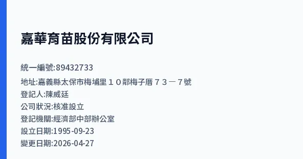 嘉華育苗股份有限公司的照片-統編 89432733(嘉義縣) 公司登記資料與營業項目詳細圖表
