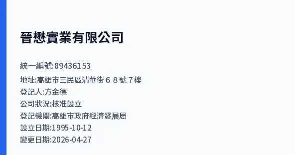 晉懋實業有限公司的照片-統編 89436153(高雄市) 公司登記資料與營業項目詳細圖表